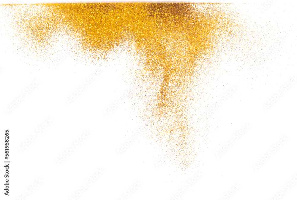 Explosion metallic gold glitter sparkle bokeh isolated white background ...