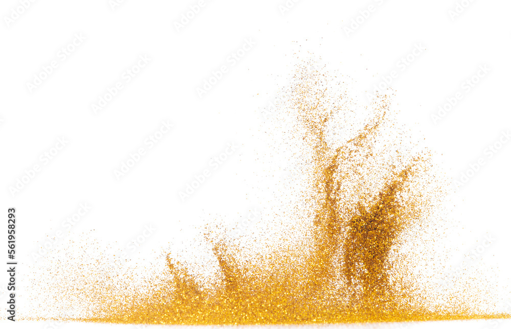 Explosion metallic gold glitter sparkle bokeh isolated white background ...