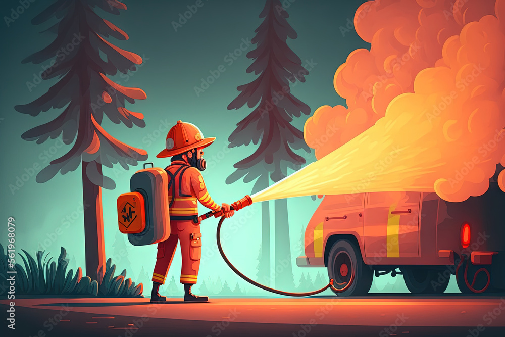 Firefighter using extinguisher or Twirl water fog type fire ...