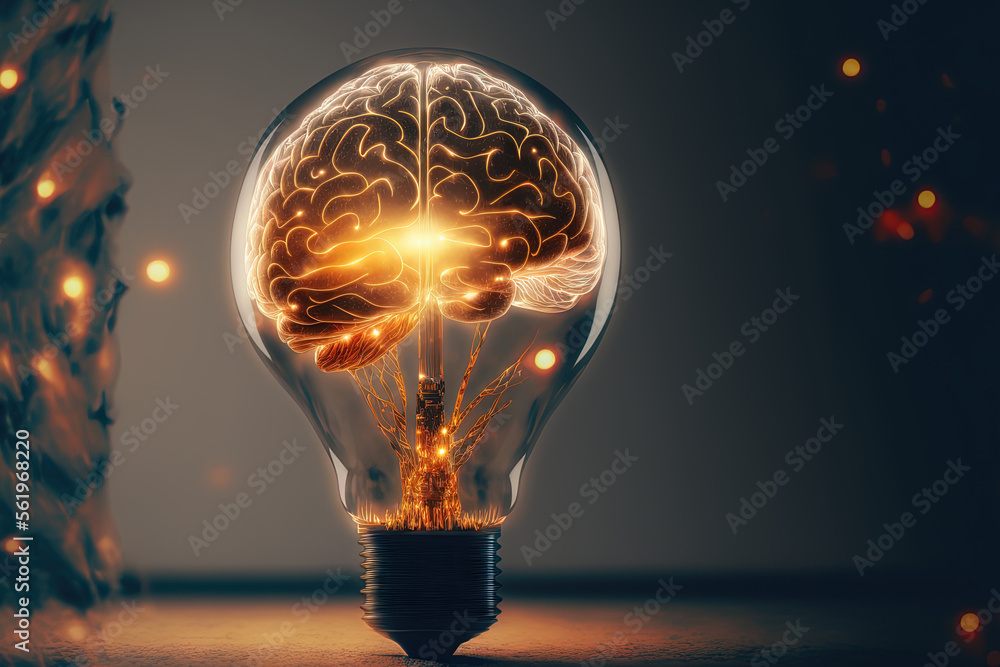 Abstract virtual idea concept with light bulb and human brain ...