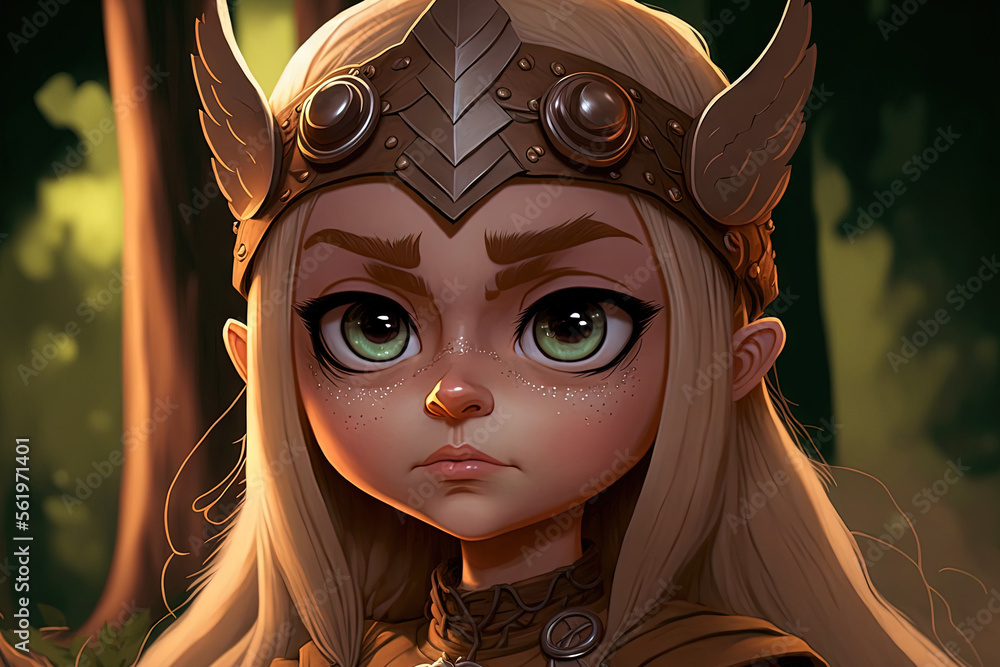 Cute, welcoming viking girl in the woods. cartoon close up portrait ...