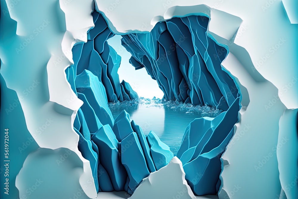Fractures in the ice caused by an earthquake or melting appear as deep ...