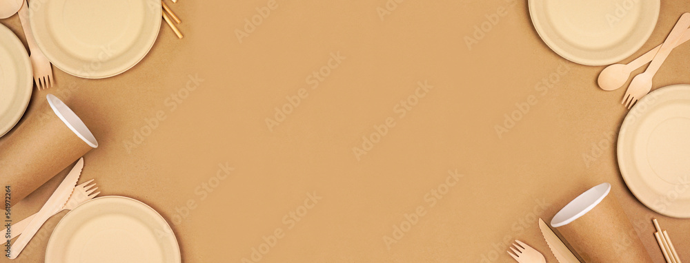 Eco friendly disposable dishware for takeout. Double border on a brown ...