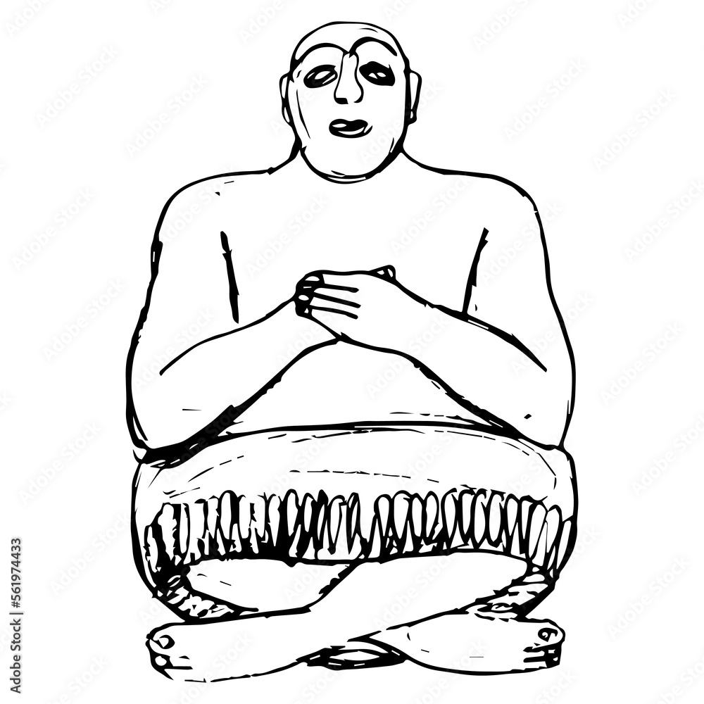 Seated ancient Sumerian man with folded hands. Hand drawn linear doodle ...