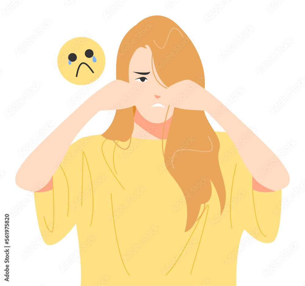 young girl with blonde hair crying with sad emoji. cover both eyes with ...