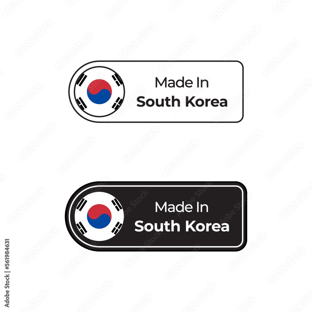 Made in South Korea label sticker design set with flag and text in two ...
