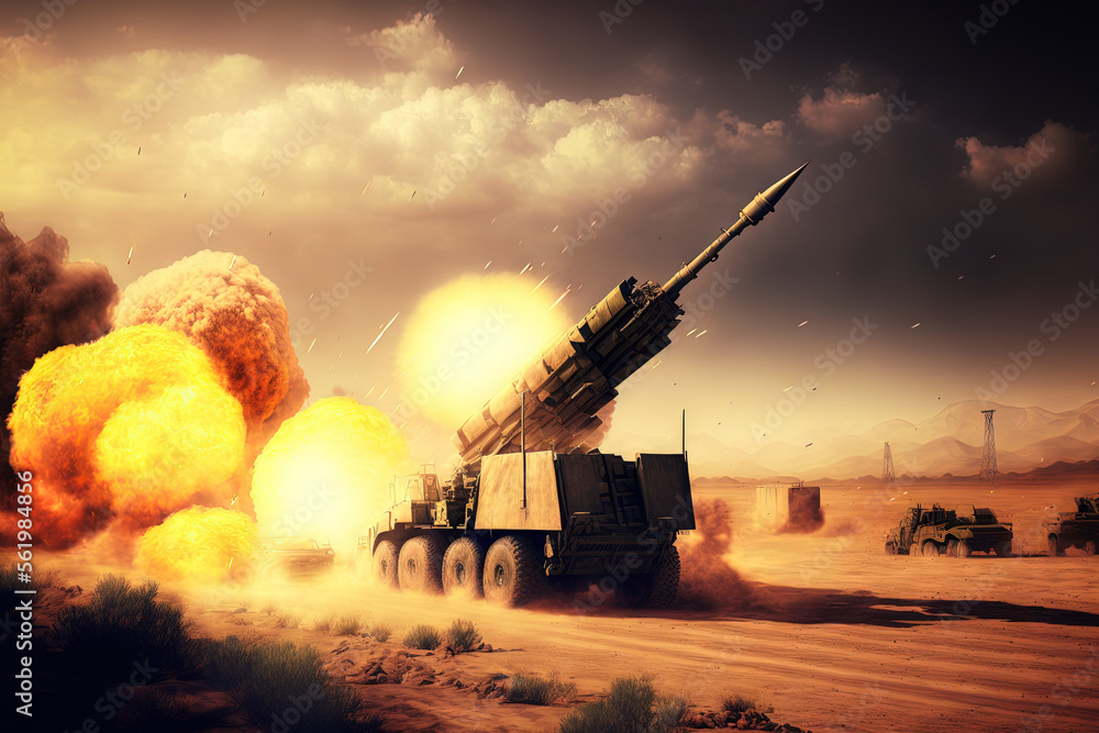 Launch of military missiles (rocket artillery) at the firing field ...