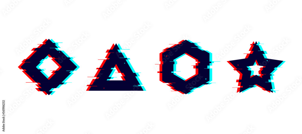 Glitch distorted geometric shapes set. Square, triangle, star, hexagon ...