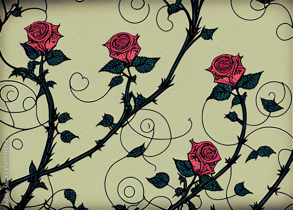 Generative AI illustration of roses and thorns made with ink, black and ...