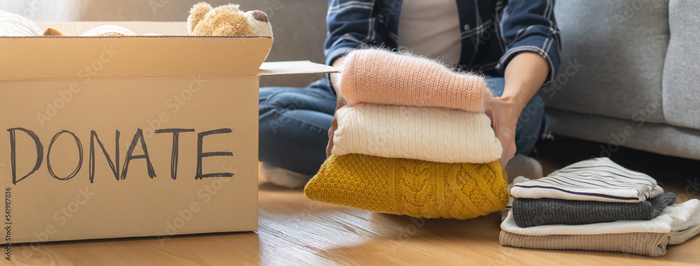 Recycling, Donation for poor, asian young woman, girl sitting pack ...