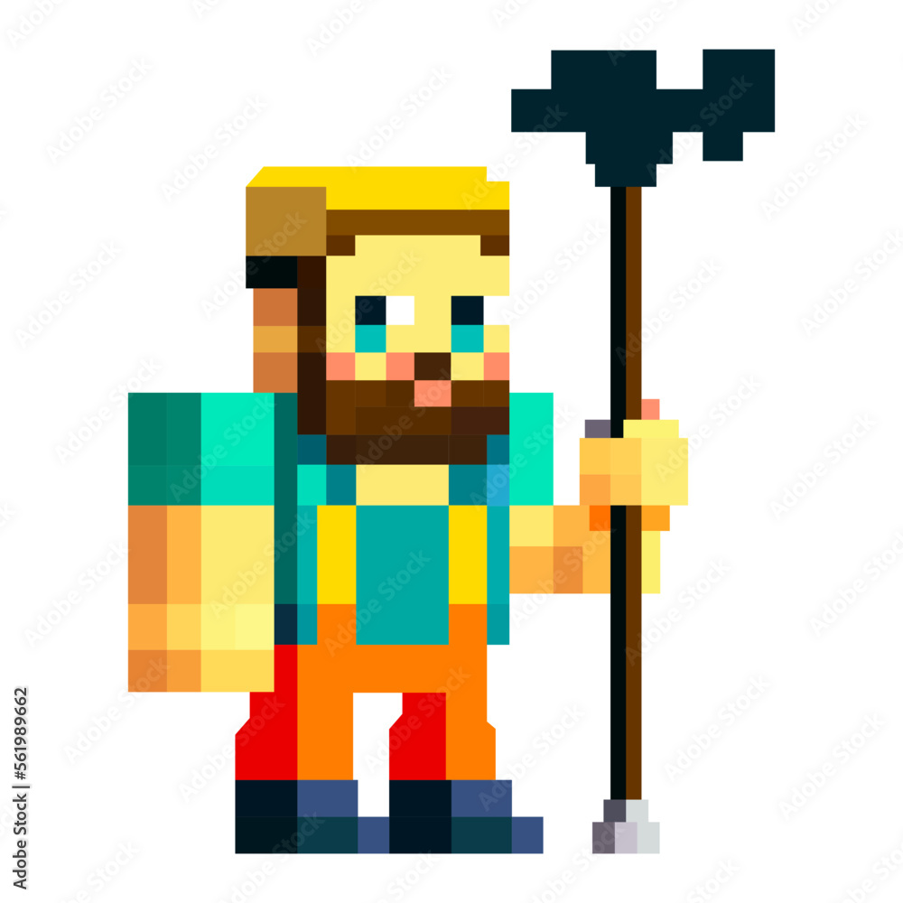Vetor de pixelated man in work uniform and with a staff in his hand ...