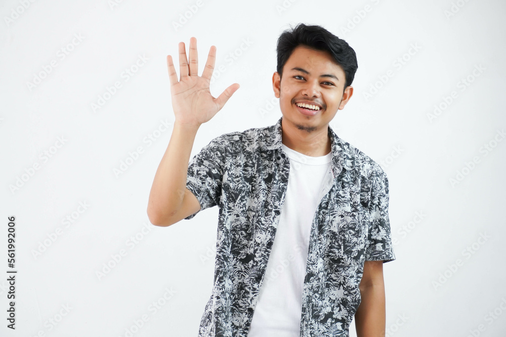 Positive cheerful asian man showing his open palm human emotions ...