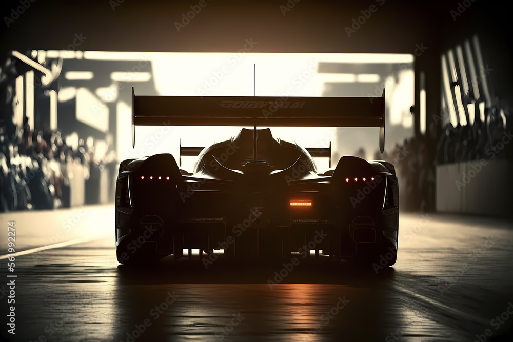 Back view silhouette of a modern generic sports racing car standing in ...