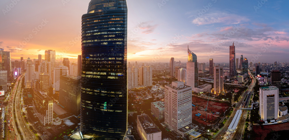 Jakarta Panoramic from Sudirman street view during the golden hour ...