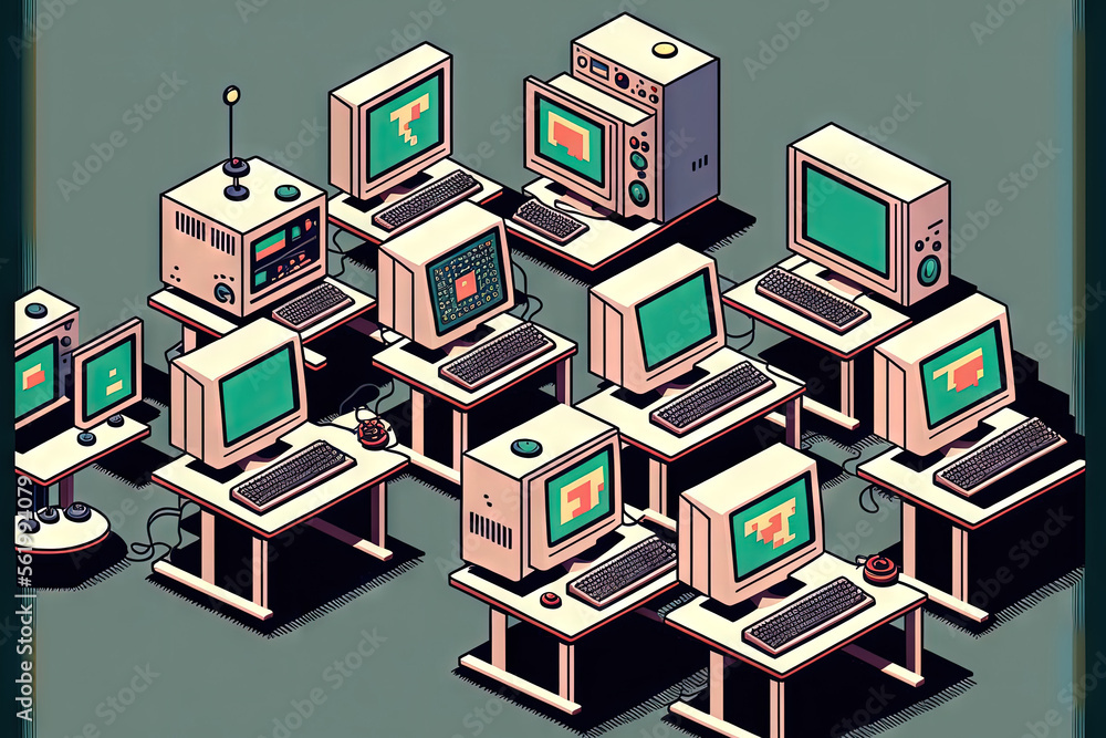 Group of computer neatly placed in a computer lab. Generative AI Stock ...