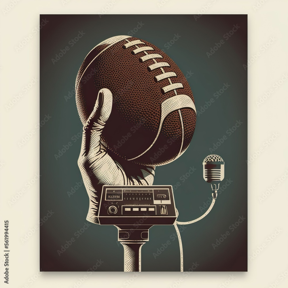 retro illustration of a American soccer ball held by a hand on top of a ...