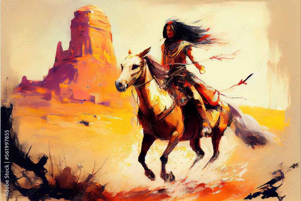 native american indian woman riding horse through the desert, abstract ...
