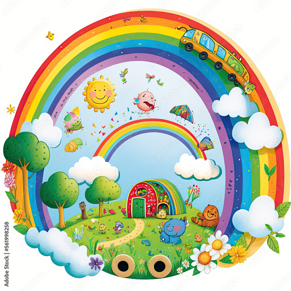 A fun cartoon of rainbows and a school bus on top of the rainbow. Stock ...