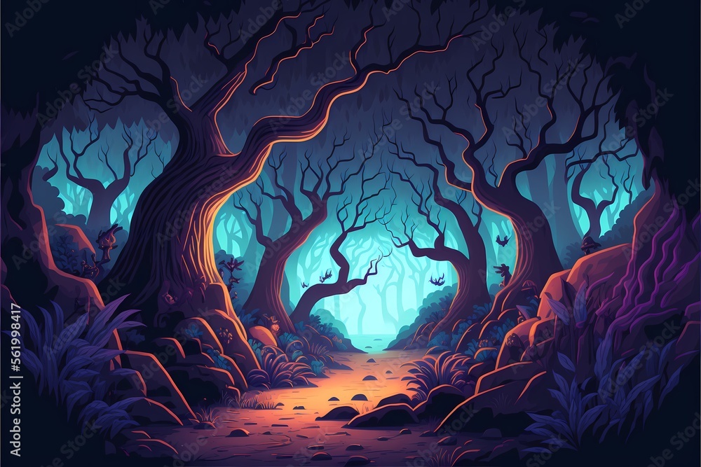 Mystical forest illustration, cartoon style landscape,endless nature ...