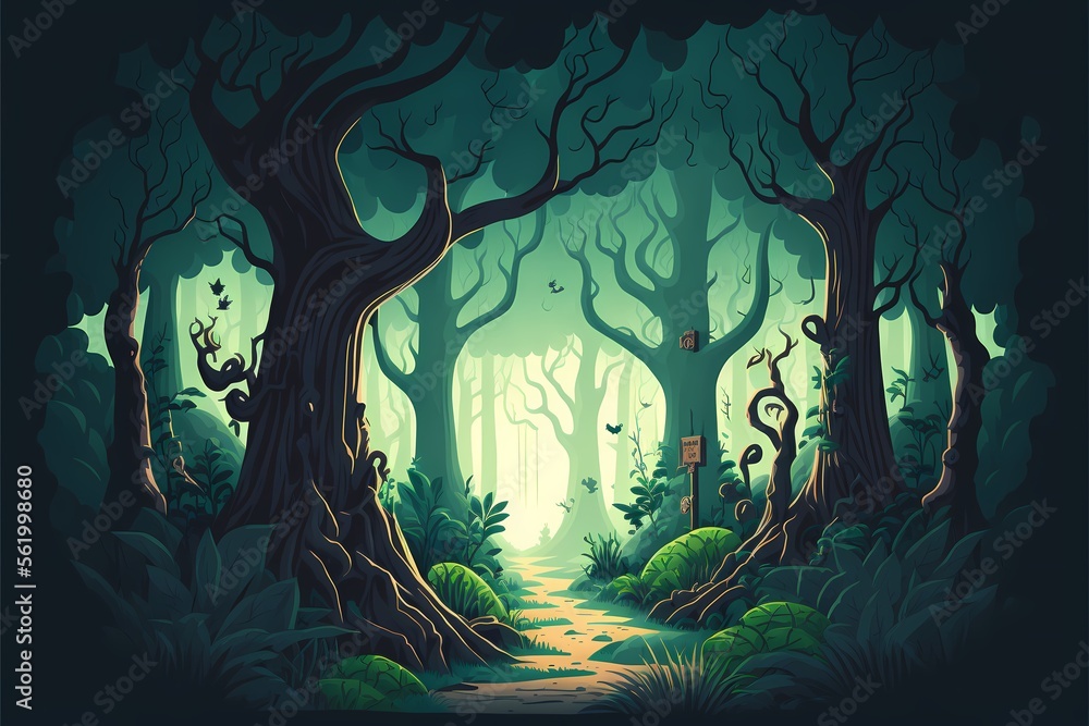 Mystical forest illustration, cartoon style landscape,endless nature ...