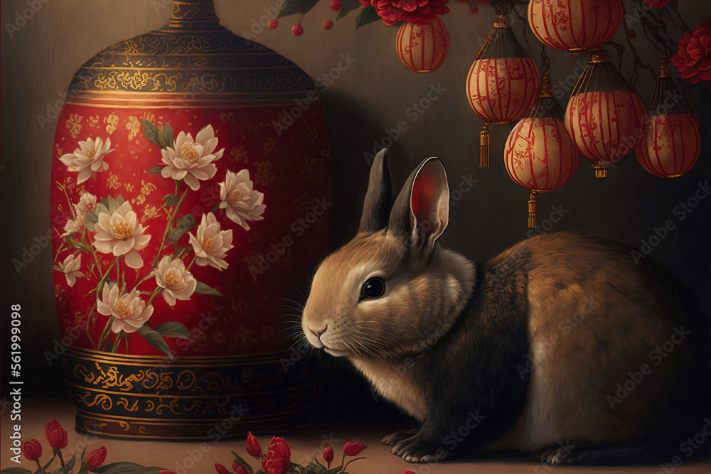 Chinese new year 2023 year of rabbit. Gold bunny with red flowers and ...
