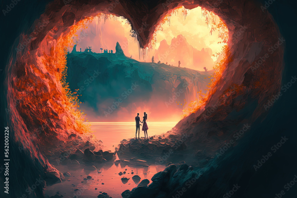 Love idea painting of a man and woman with a heart cave, illustration ...