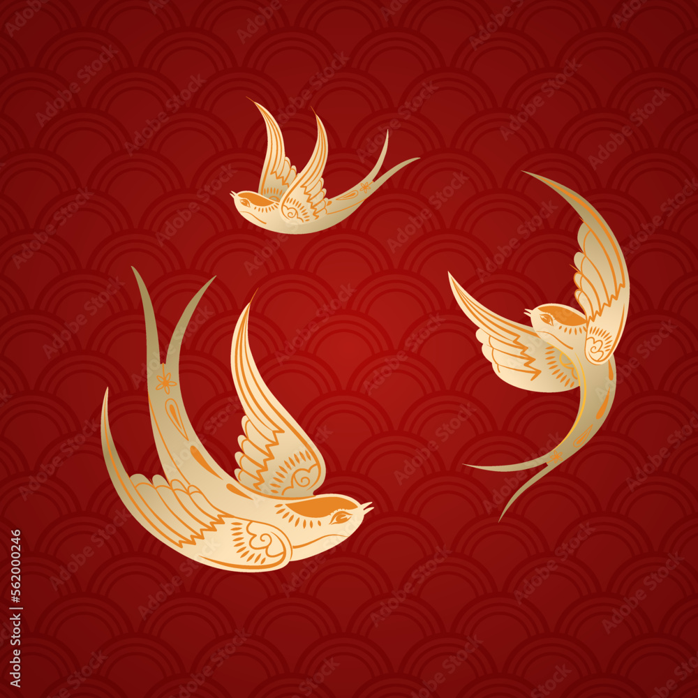 Golden swallow flying on red wave background Stock Vector | Adobe Stock