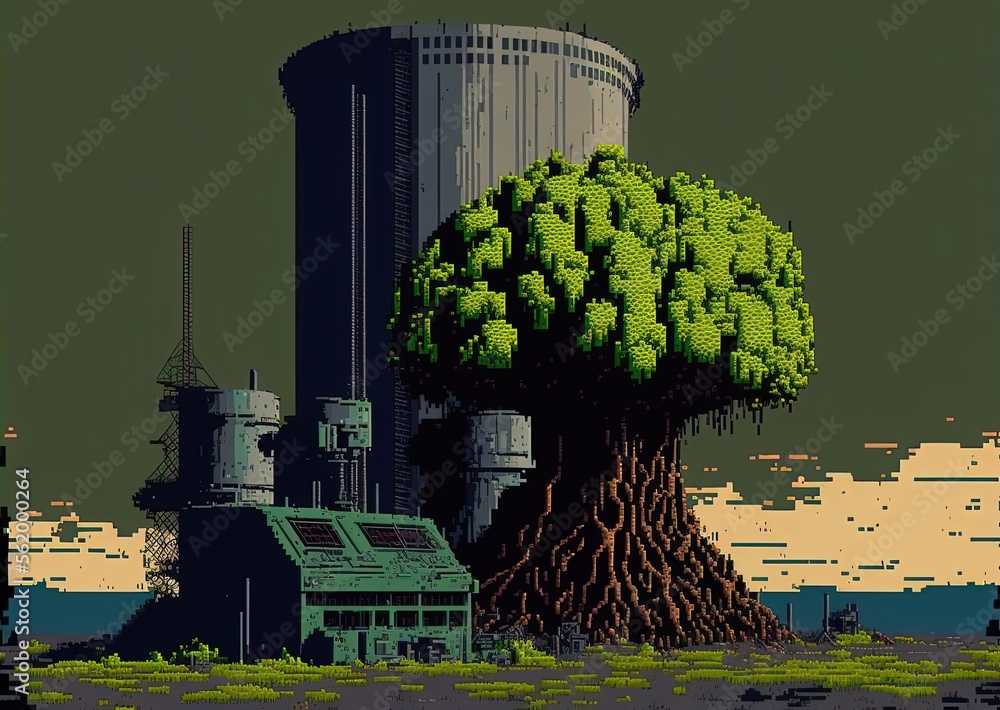 Pixel art nuclear power plant, background in retro style for 8 bit game ...