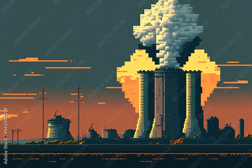 Pixel art nuclear power plant, background in retro style for 8 bit game ...