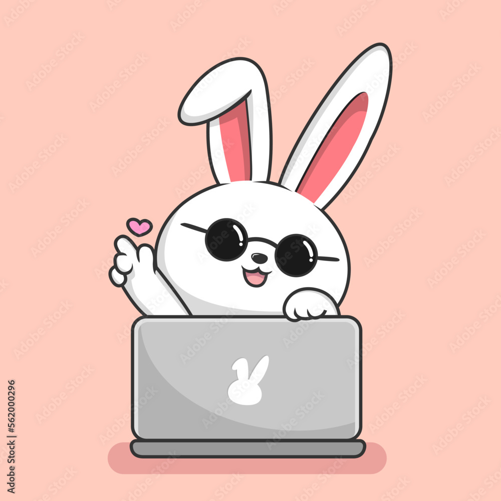 Cute Rabbit Playing Laptop Cartoon - Bunny Hiding Behind Laptop with ...