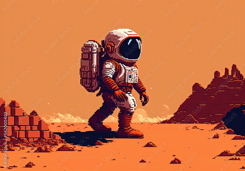 Pixel art astronaut on the planet mars, background in retro style for 8 ...