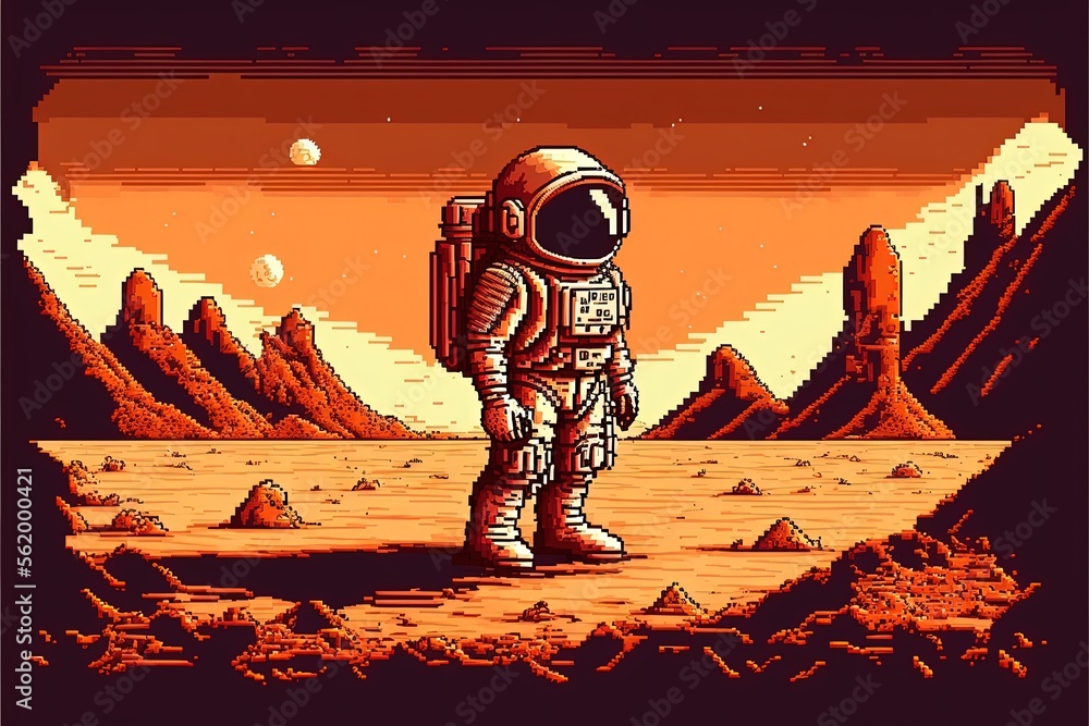 Pixel art astronaut on the planet mars, background in retro style for 8 ...