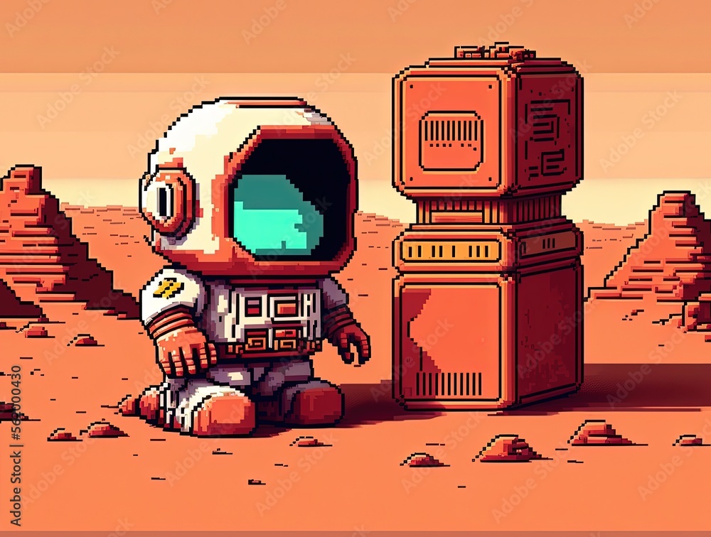Pixel art astronaut on the planet mars, background in retro style for 8 ...