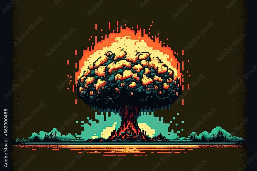 Pixel art atomic bomb explosion, background in retro style for 8 bit ...
