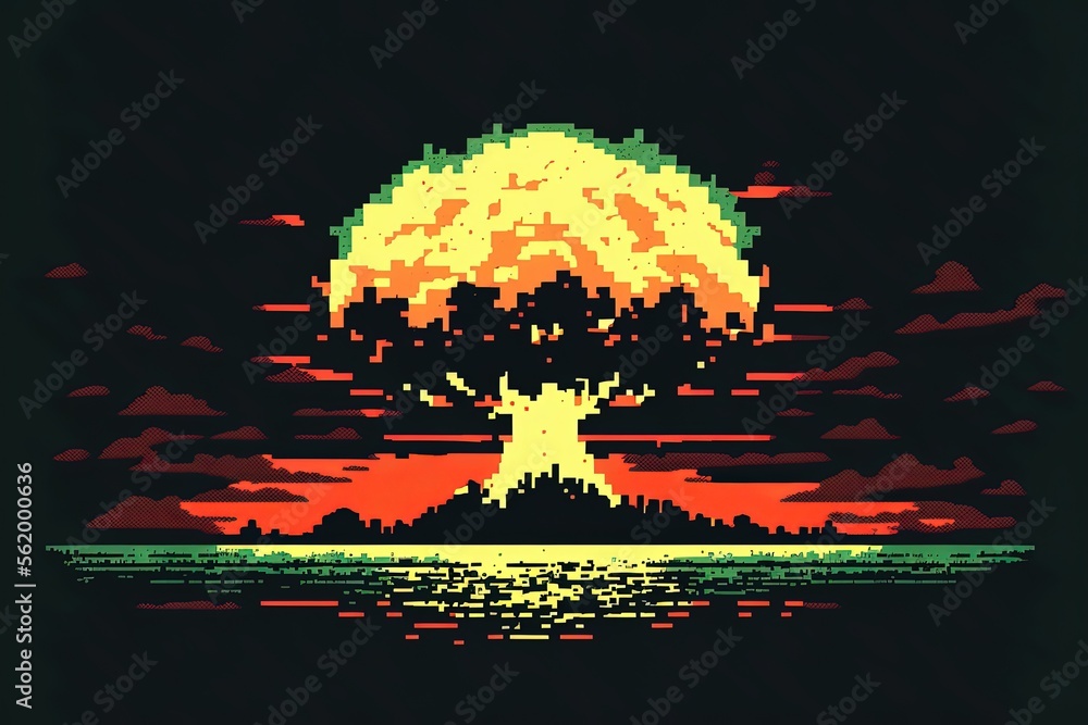 Pixel art atomic bomb explosion, background in retro style for 8 bit ...