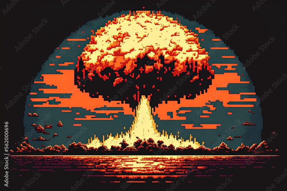 Pixel art atomic bomb explosion, background in retro style for 8 bit ...