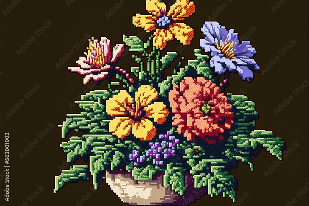 Pixel art flowers and plants, background in retro and 8bit style ...