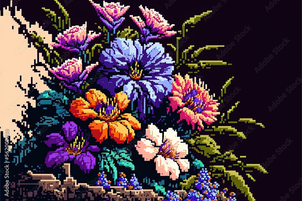 Pixel art flowers and plants, background in retro and 8bit style ...