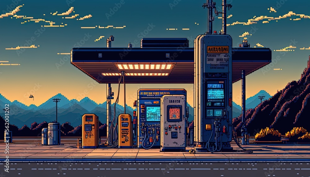 Pixel art gas station on the road, background in retro style for 8 bit ...