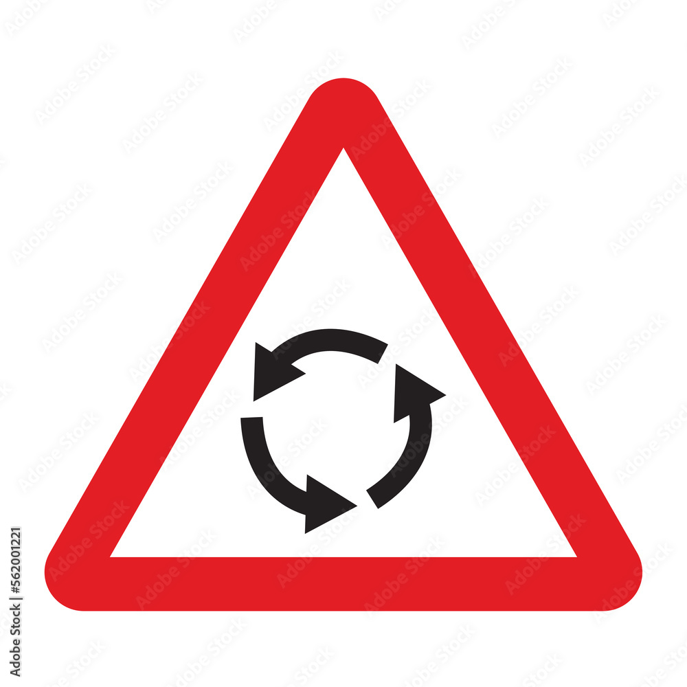 Approaching roundabout sign in a red triangle with black sign and ...