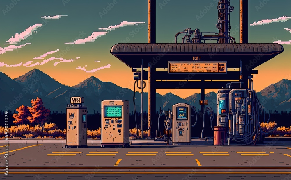 Pixel art gas station on the road, background in retro style for 8 bit ...