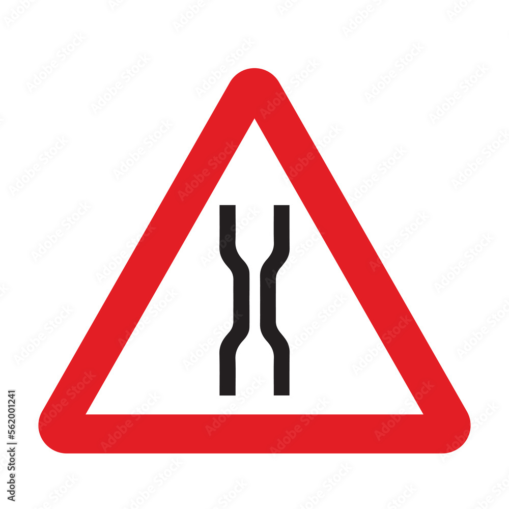 Approaching bridges or narrow bridge and narrow road sign in a red ...