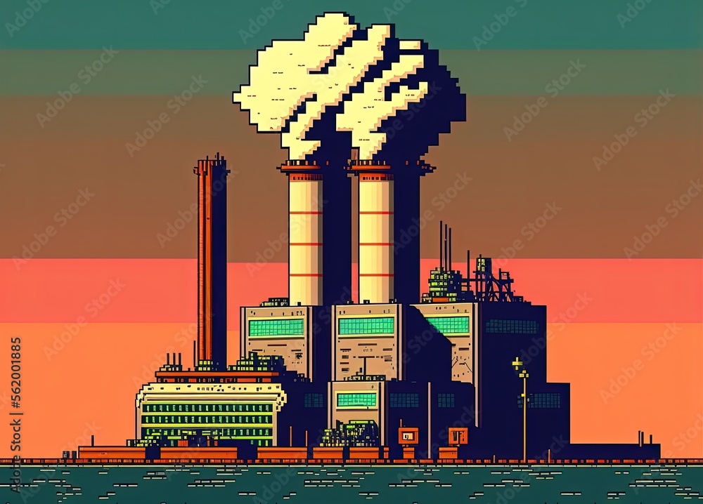 Pixel art nuclear power plant, background in retro style for 8 bit game ...