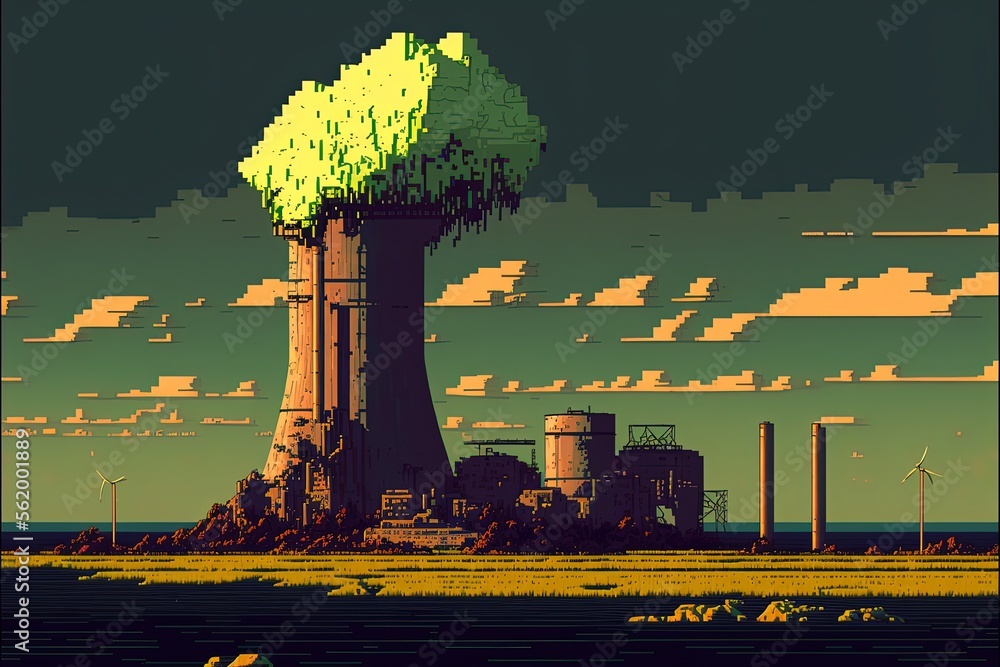 Pixel art nuclear power plant, background in retro style for 8 bit game ...
