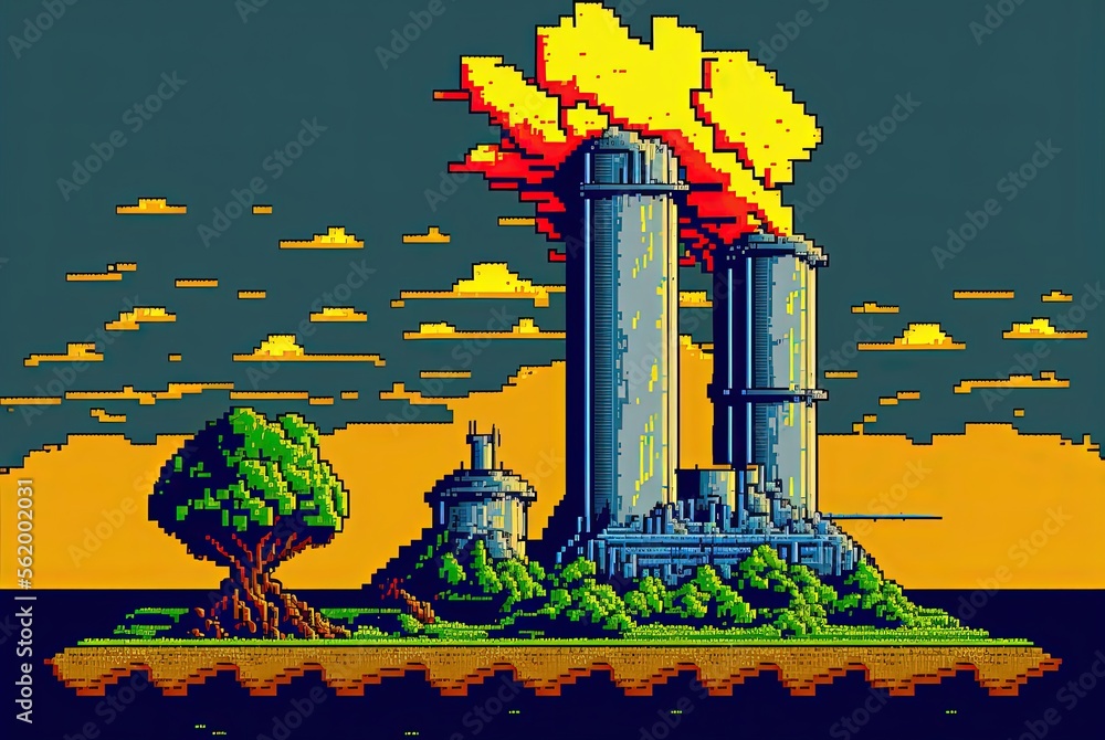 Pixel art nuclear power plant, background in retro style for 8 bit game ...