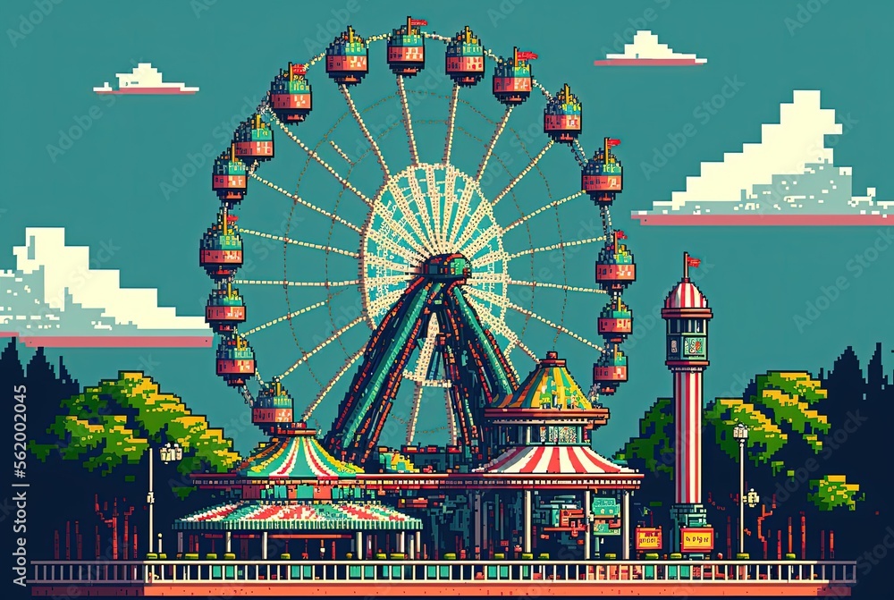 Pixel art amusement park, background in retro style for 8 bit game ...
