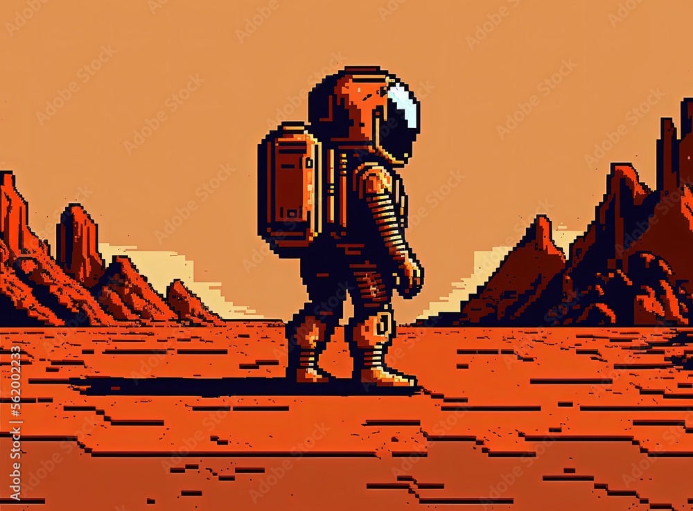 Pixel art astronaut on the planet mars, background in retro style for 8 ...