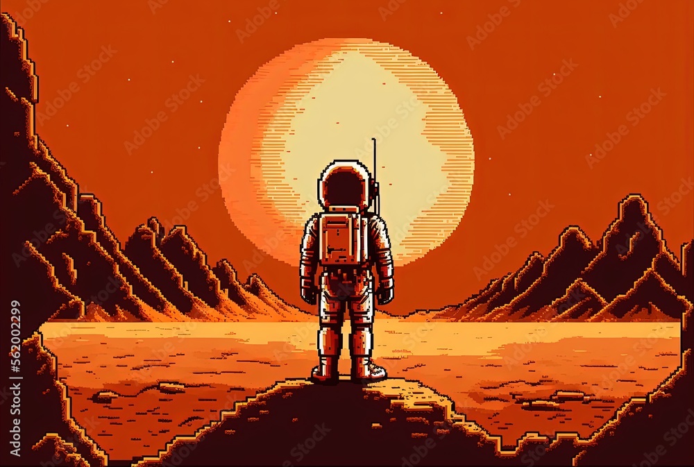 Pixel art astronaut on the planet mars, background in retro style for 8 ...
