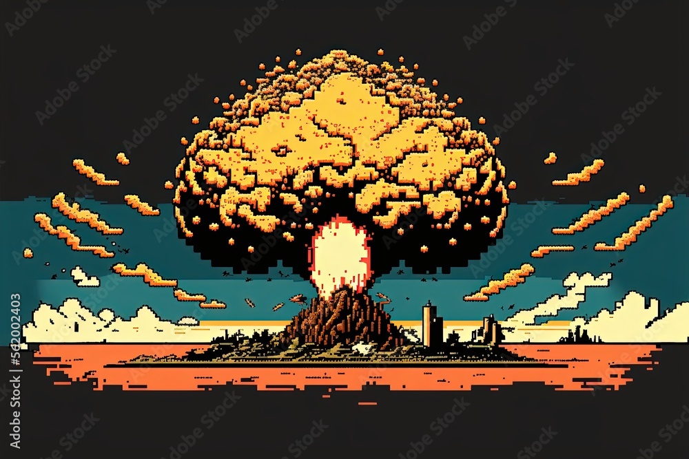 Pixel art atomic bomb explosion, background in retro style for 8 bit ...