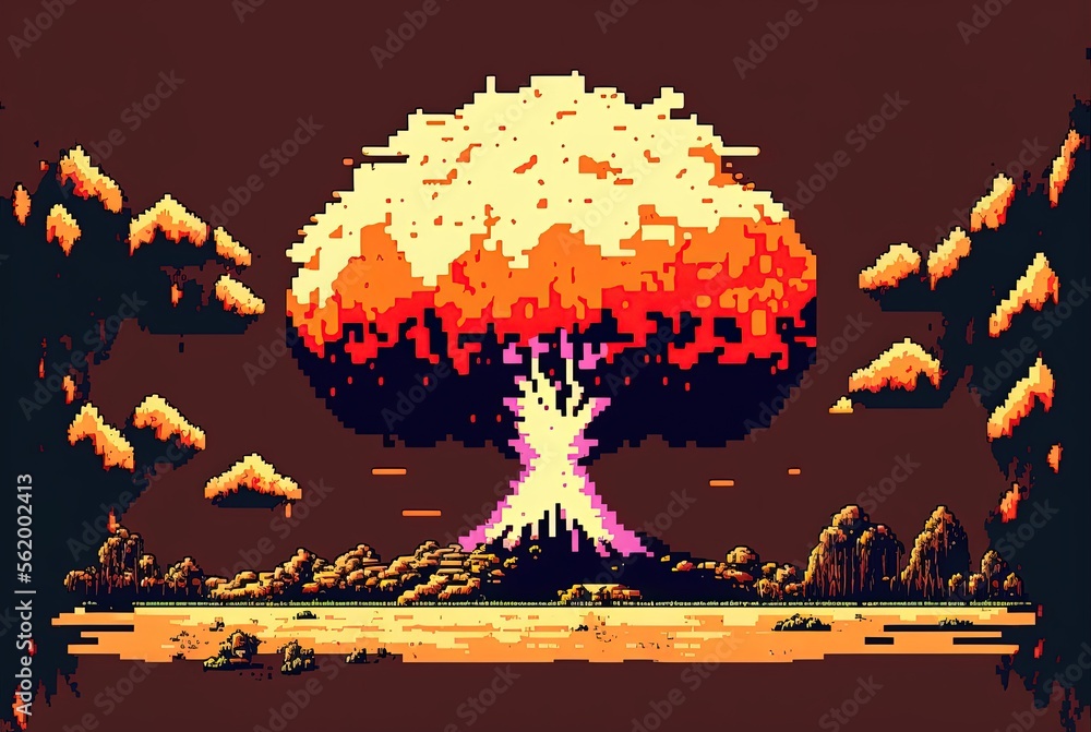 Pixel art atomic bomb explosion, background in retro style for 8 bit ...